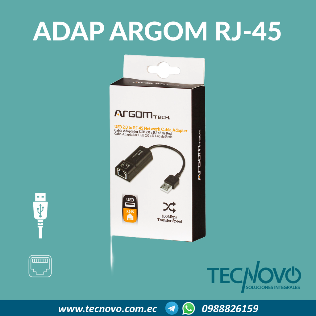Adaptador ARGOM RJ45 a USB 2.0 ARG-CB-0045 | TECNOVO SOLUCIONES INTEGRALES