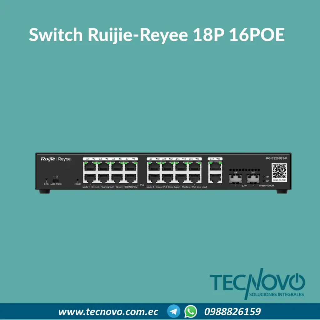 Switch Ruijie-Reyee RG-ES220GS-P 18P GIGABIT 16xPOE + 2 RJ45 + 2 SFP ...